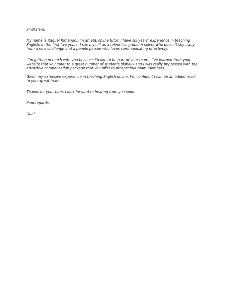 ESL Tutor Application Letter | PDF