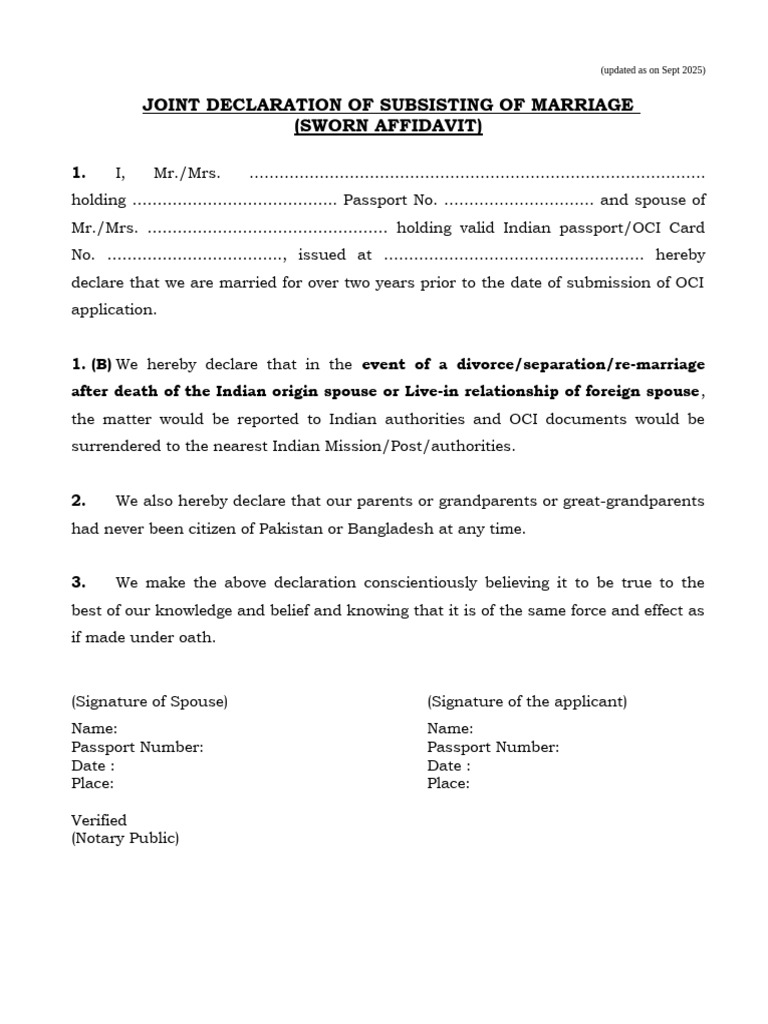 Joint Declaration(Swornaffidavit) for Subsisting of Marriage | PDF