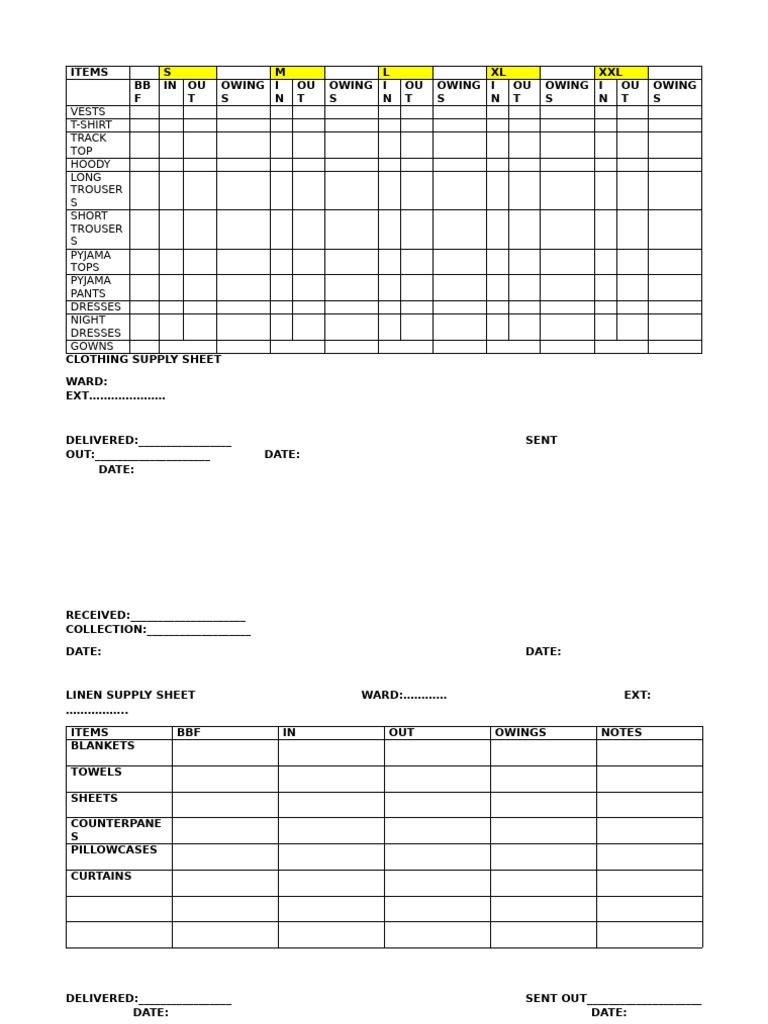 Clothing and Linen Supply Sheet | PDF
