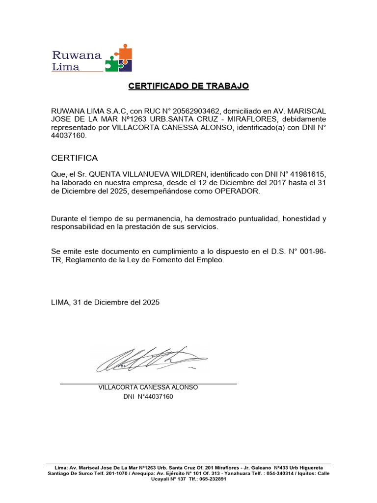 Certificado de Trabajo- Ruwana Lima Bnv Tambomayo (31!12!25) | PDF