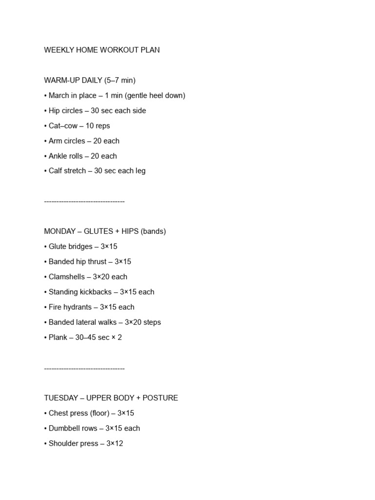 Weekly Home Workout Plan for All Levels | PDF