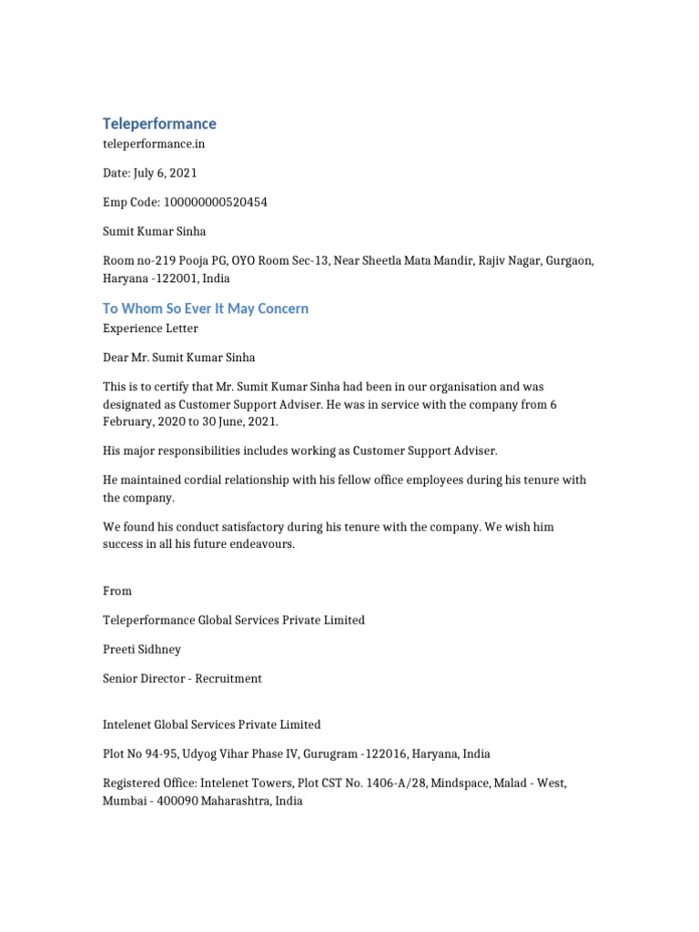 Experience Letter | PDF