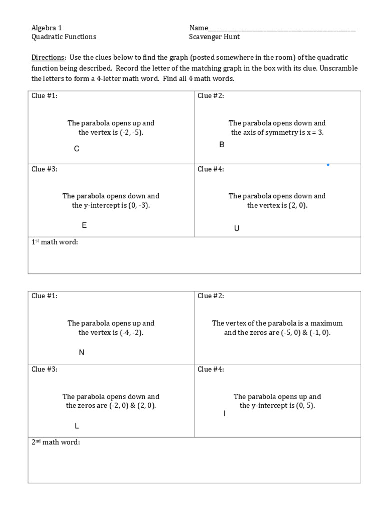 Quadratic+Features+Scavenger+Hunt | PDF | Mathematics | Algebra
