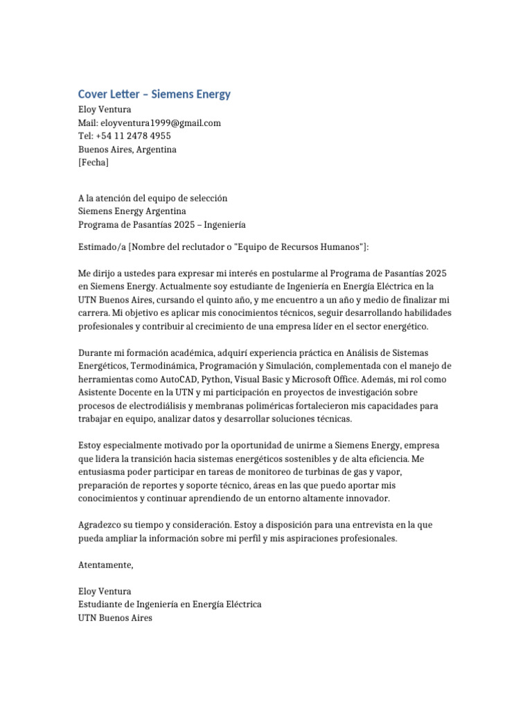 Cover Letter Eloy Ventura Siemens Energy | PDF