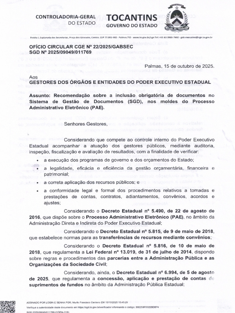 Recebido -Oficio Circular Cge 22-202516102025 | PDF