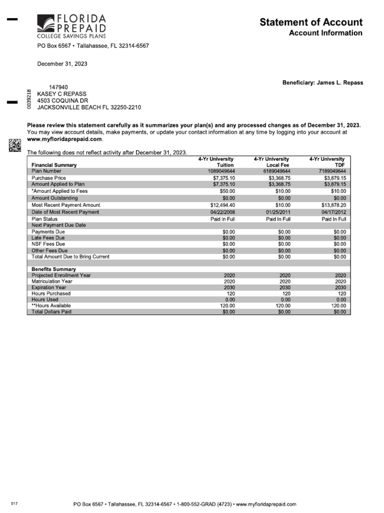 James L. Repass Statement of Account Florida Prepaid | PDF