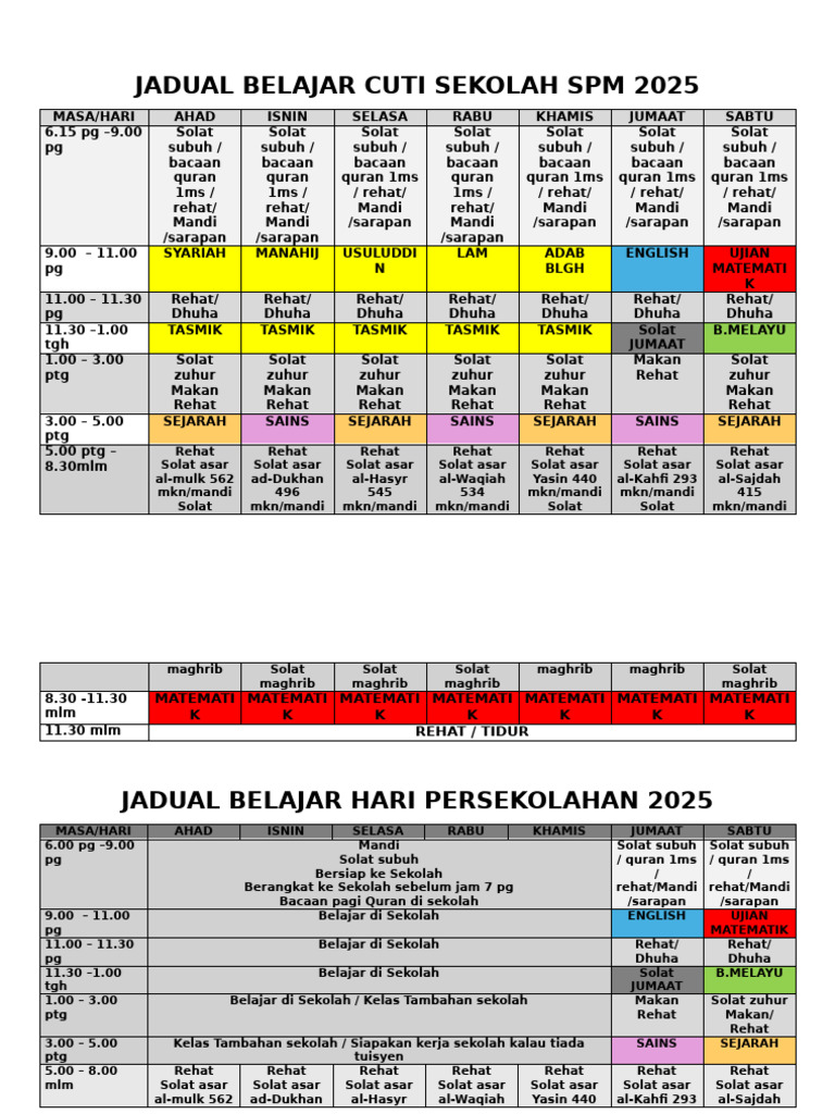 Jadual Belajar Cuti Sekolah SPM 2025 | PDF