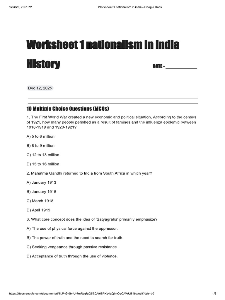 Worksheet 1 Nationalism in India | PDF