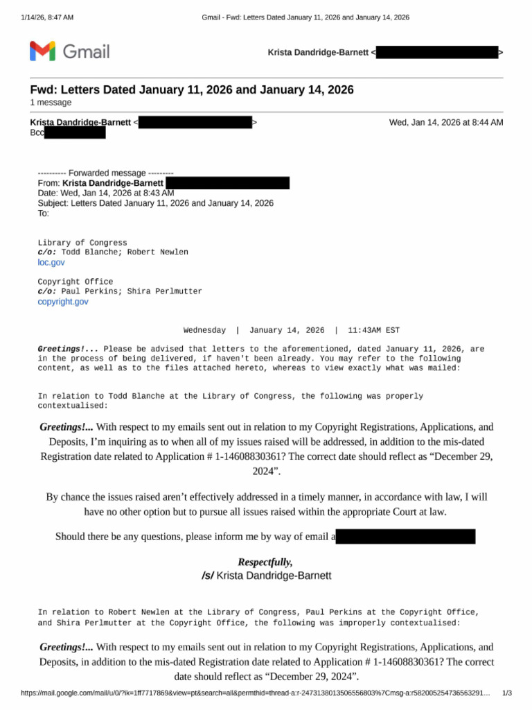 Redacted (Image Format) - Redacted - Letters Dated January 11, 2026 and ...