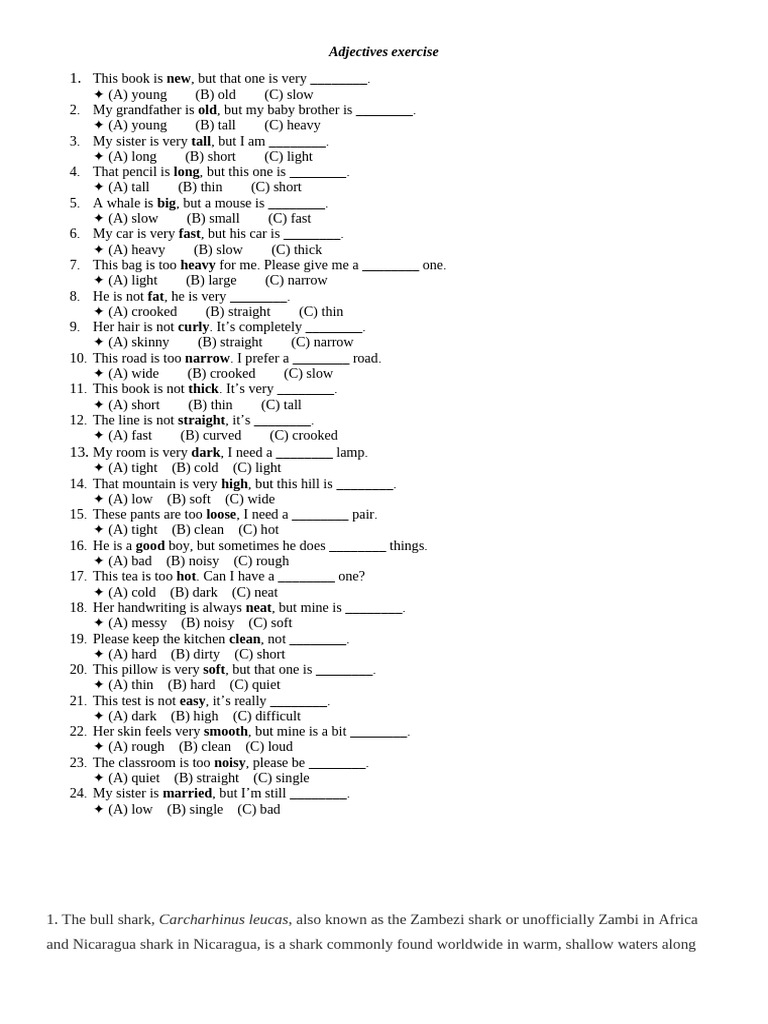 Adjective Test | PDF | Sharks | Fish