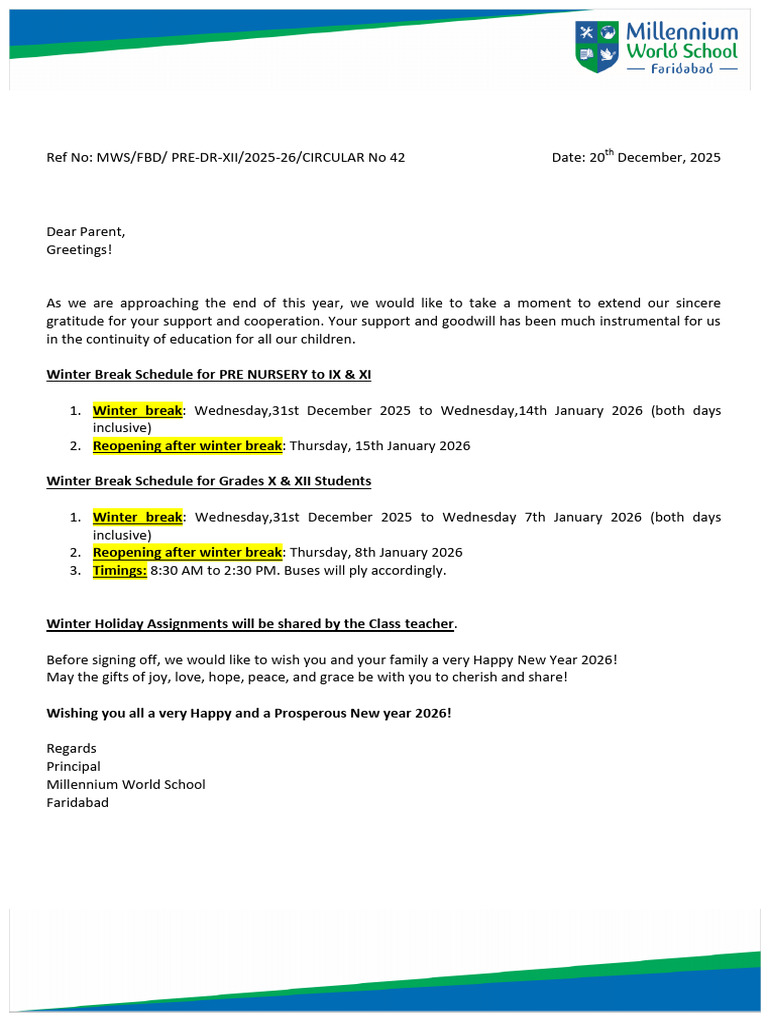 Circular - Winter Break Schedule - Pre Dr-Xii 2025-26 Circular No 42 | PDF