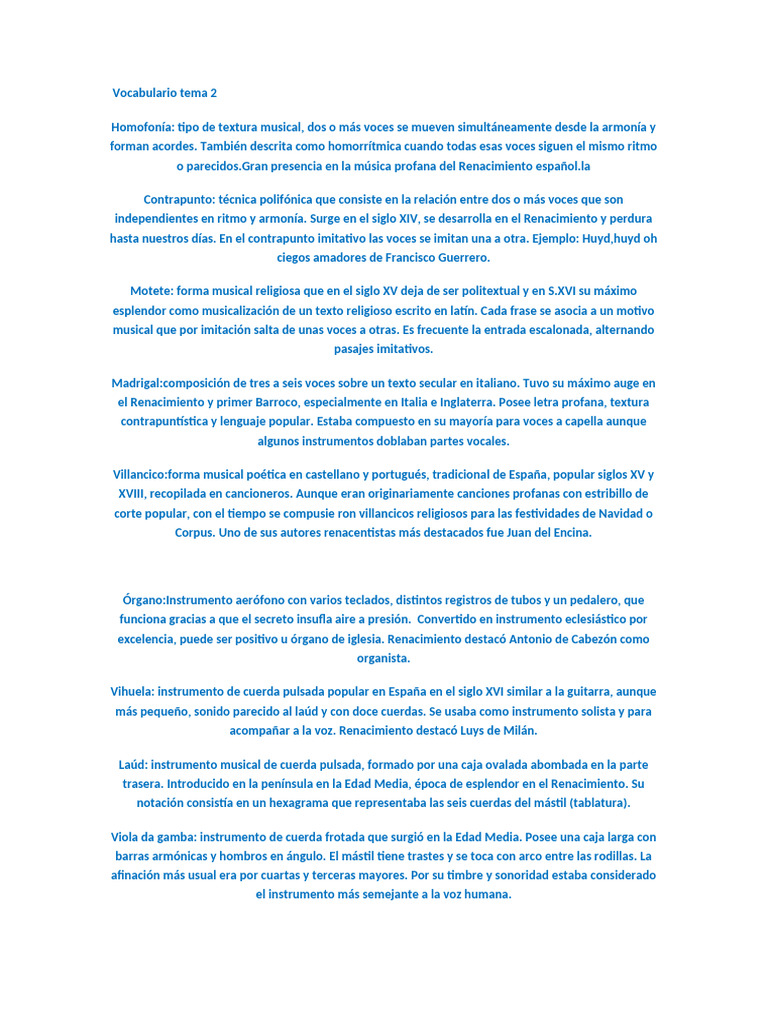 Vocabulario Unidad 2 Bach | PDF | Instrumentos de cuerda | Musicología