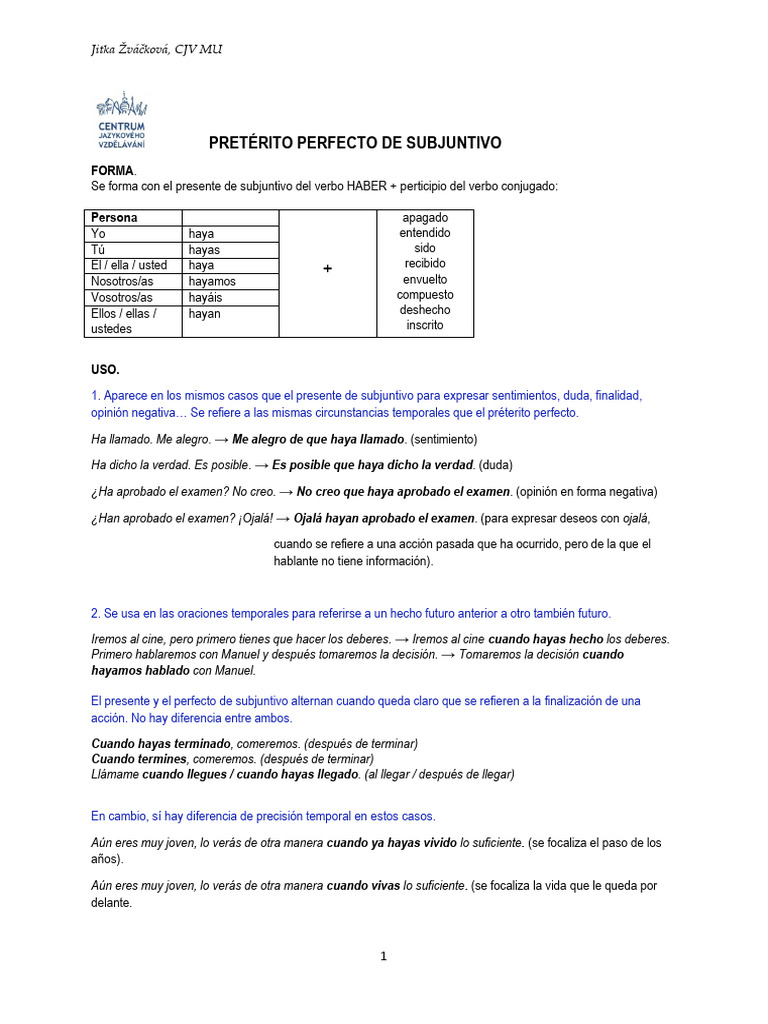 Uso y formación del pretérito perfecto subjuntivo | PDF | Lingüística ...