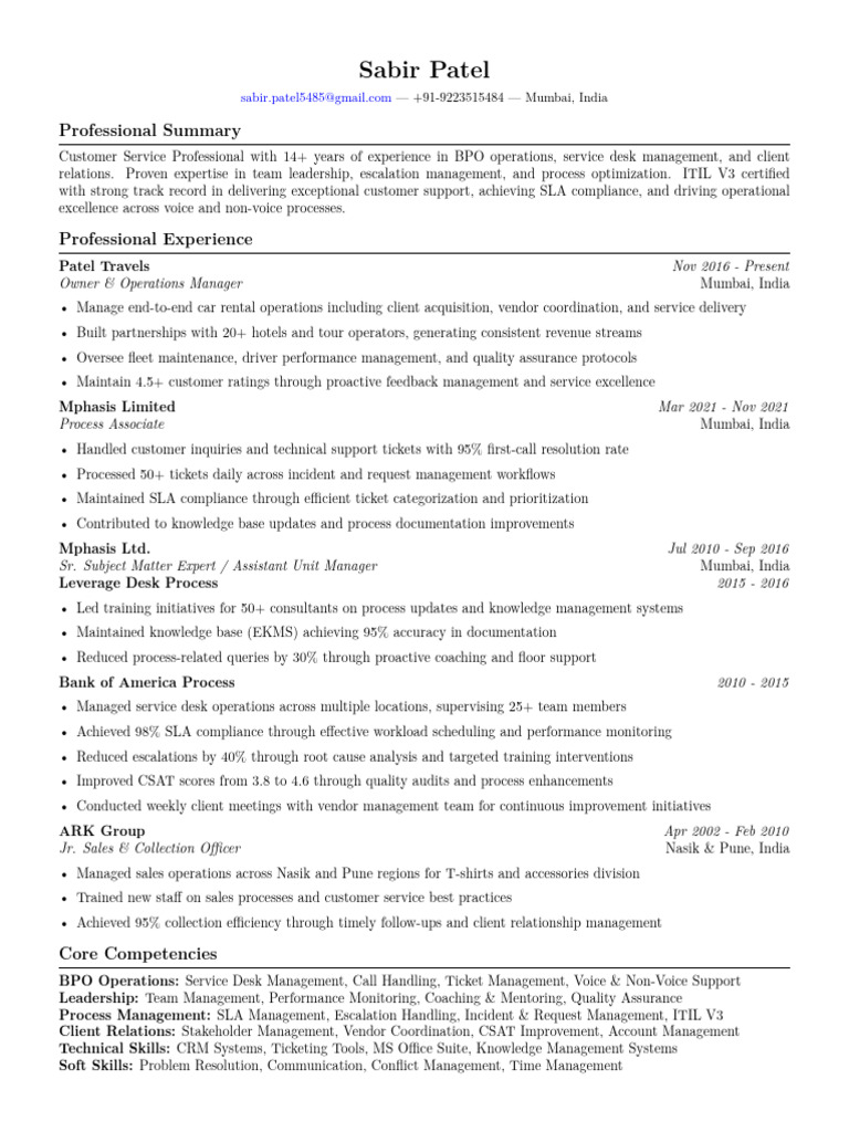 Sabir Patel Resume | PDF | Service Level Agreement | Information Technology