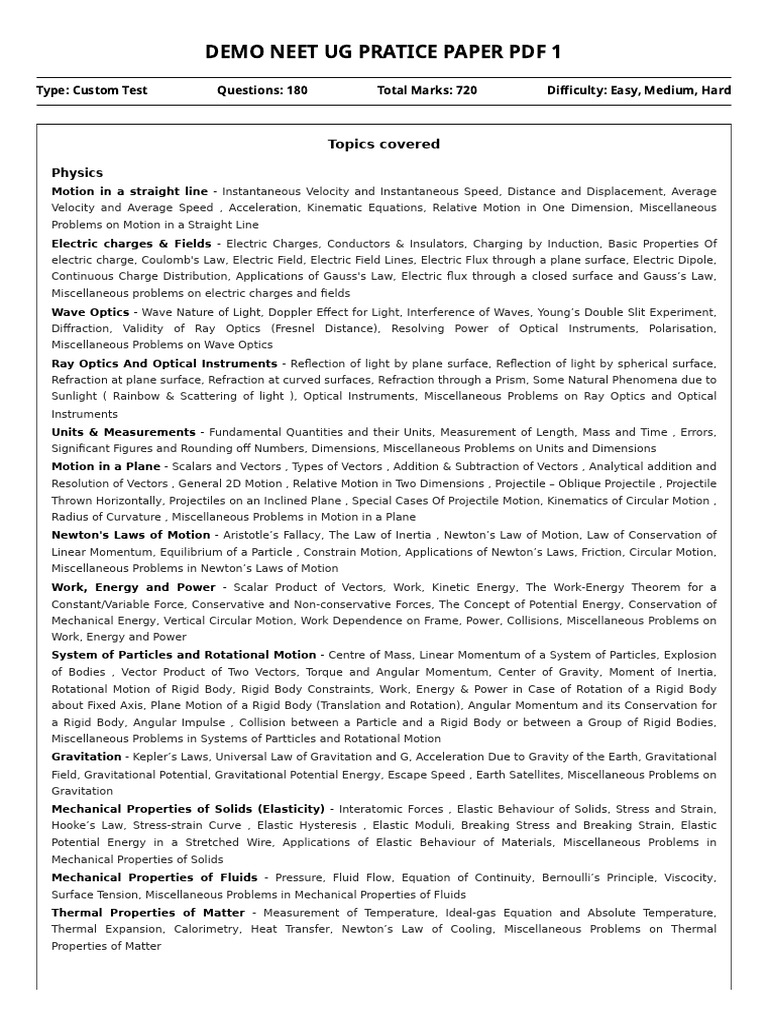 Demo NEET UG Pratice Paper PDF 1 | PDF | Rotation Around A Fixed Axis ...