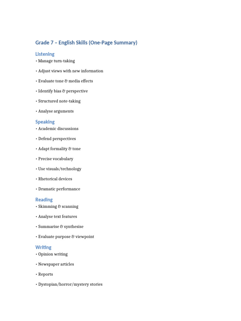 Grade 7 English Skills Overview | PDF