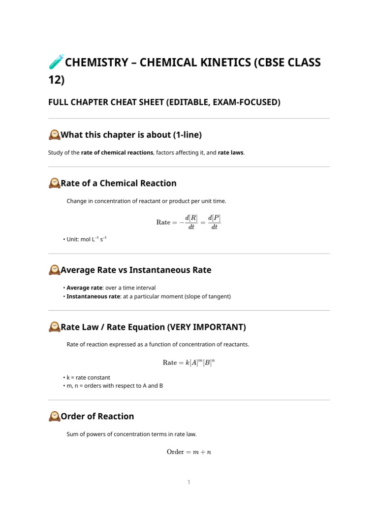 Chemical Kinetics Cheat Sheet for CBSE | PDF | Reaction Rate ...