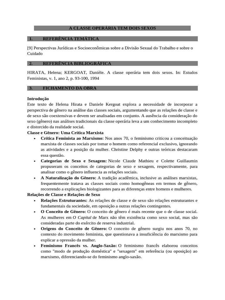 9) HIRATA, Helena; KERGOAT, Danièle. a Classe Operária Tem Dois Sexos ...
