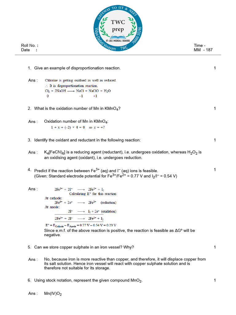 Chemistry Redox Reactions and Oxidation States | PDF | Redox ...