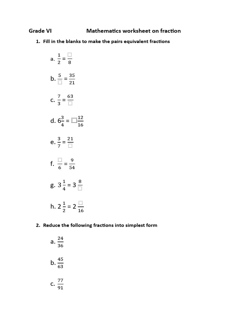 Grade VI Mathematics Worksheet On Fraction | PDF