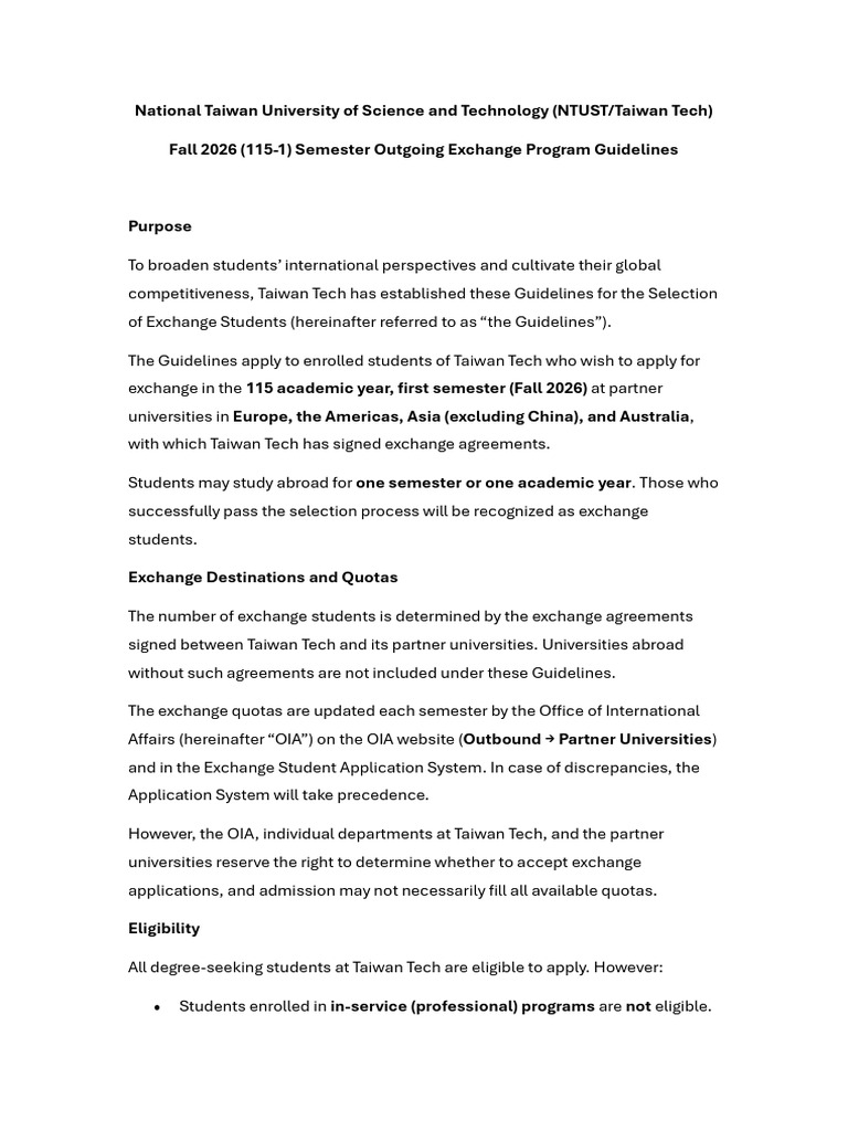 NTUST Fall 2026 Exchange Program Guide | PDF | Academic Term ...