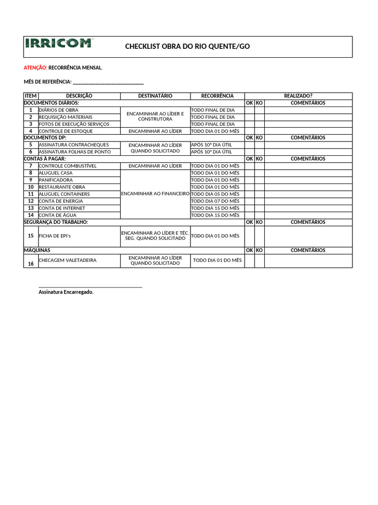 Checklist Mensal Obra Rio Quente GO | PDF
