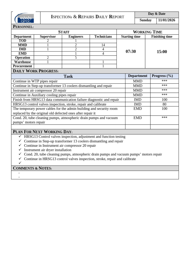 Daily Inspection and Repair Report | PDF
