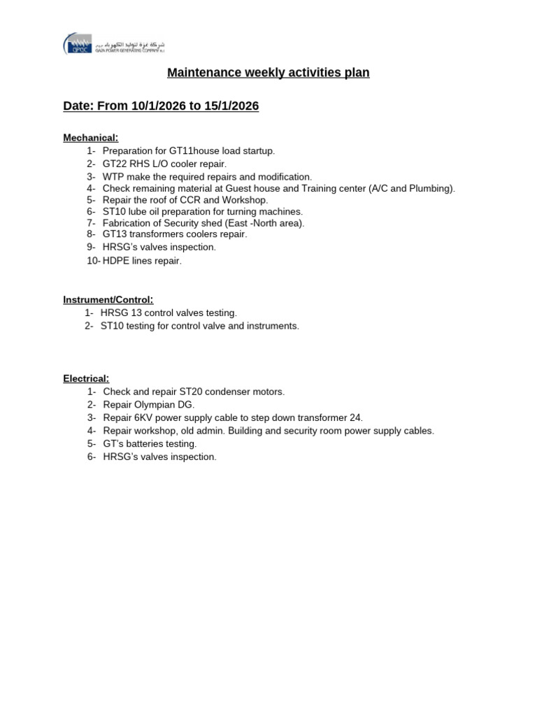 Maint. Weekly Plan-6 | PDF
