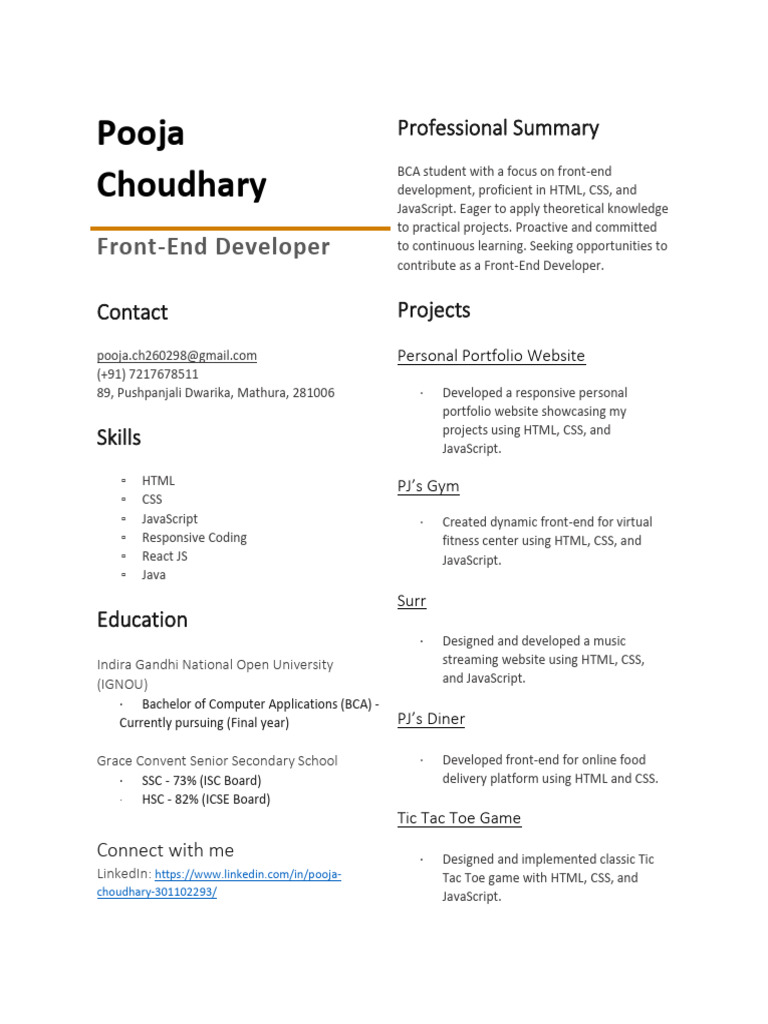 Front-End Developer Portfolio Summary | PDF