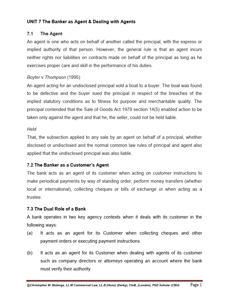 BANKING UNIT 7 The Banker as Agent_095341 | PDF | Law Of Agency | Debt