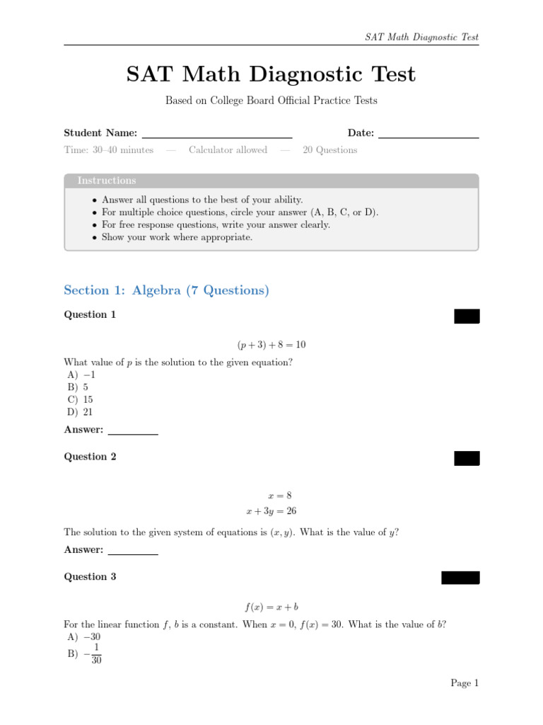 SAT Math Diagnostic Test | PDF | Sat | Circle