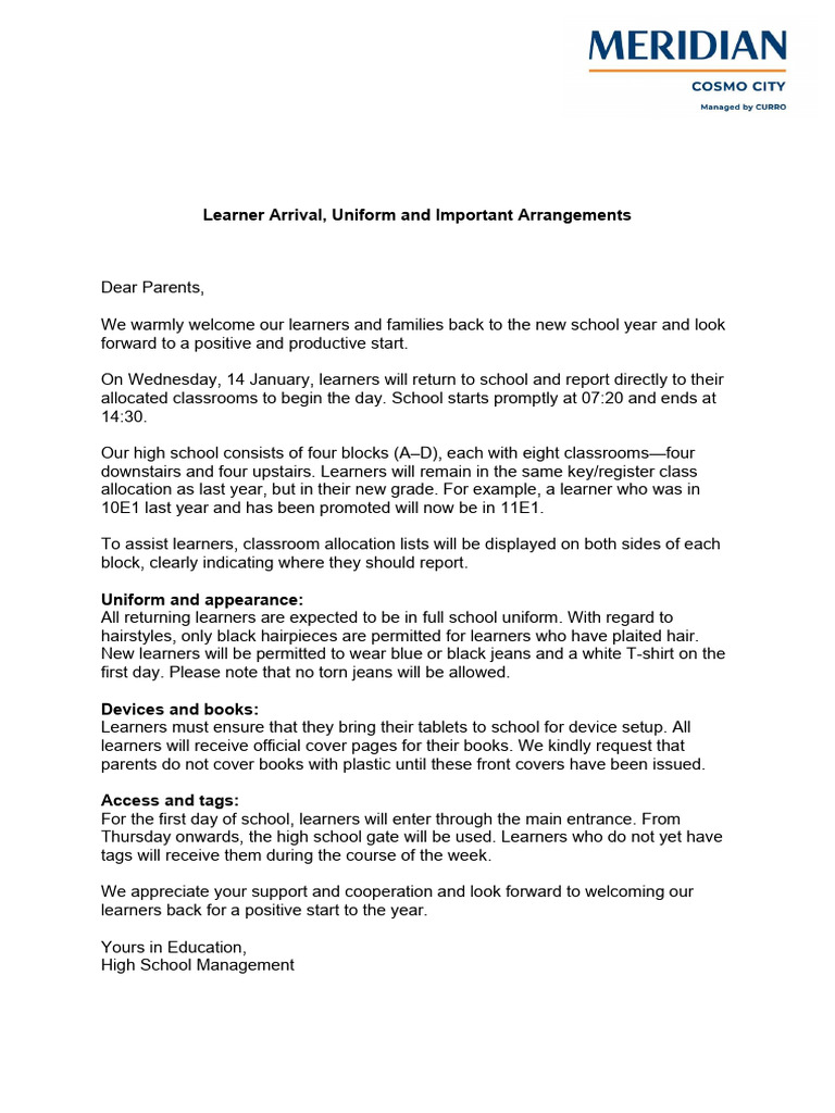 Welcome Back Letter and Info | PDF