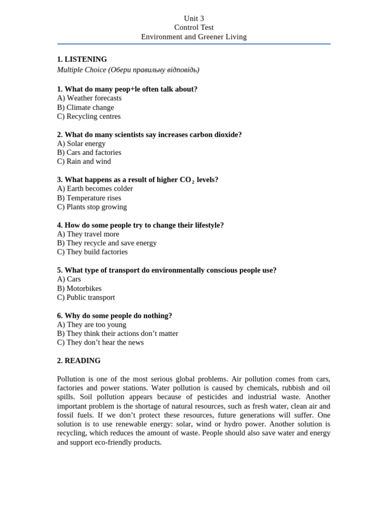 Greener Living: Environment Control Test | PDF | Pollution | Waste