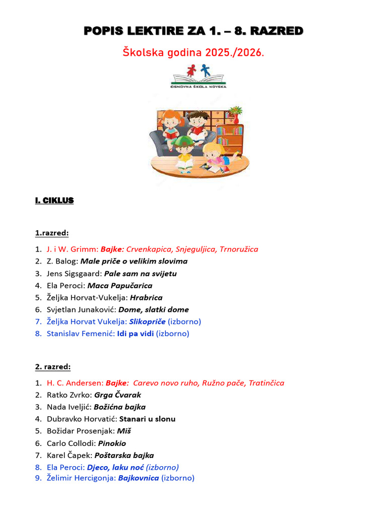 Popis Lektire Od 1. Do 8. Razreda S.G. 2025. 26 | PDF
