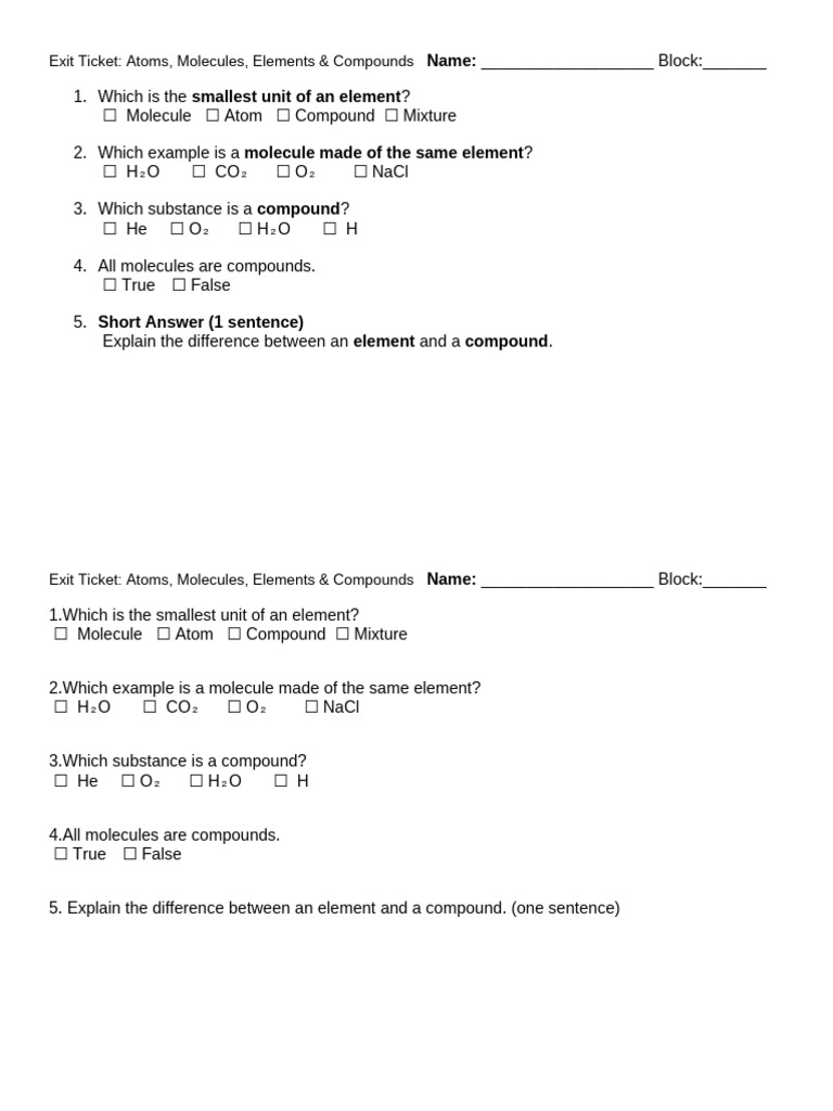 Exit Ticket_ Atoms, Molecules, Elements & Compounds | PDF