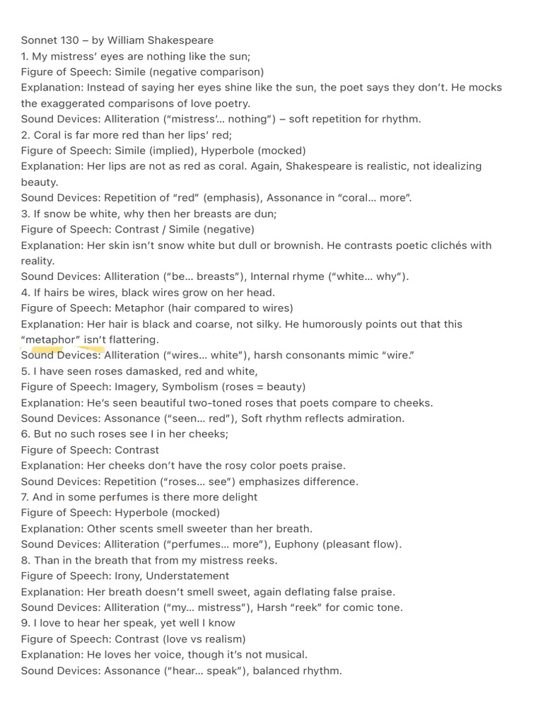 Shakespeare's Sonnet 130 Analysis | PDF | Poetry | Stanzaic Form