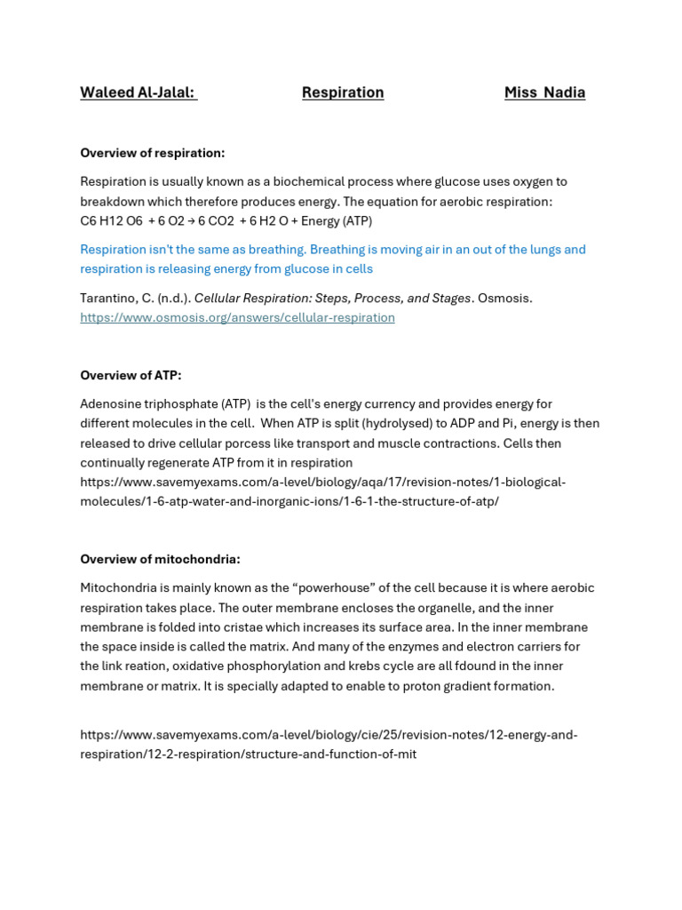 Nadia respiration assignment (1) | PDF | Cellular Respiration ...