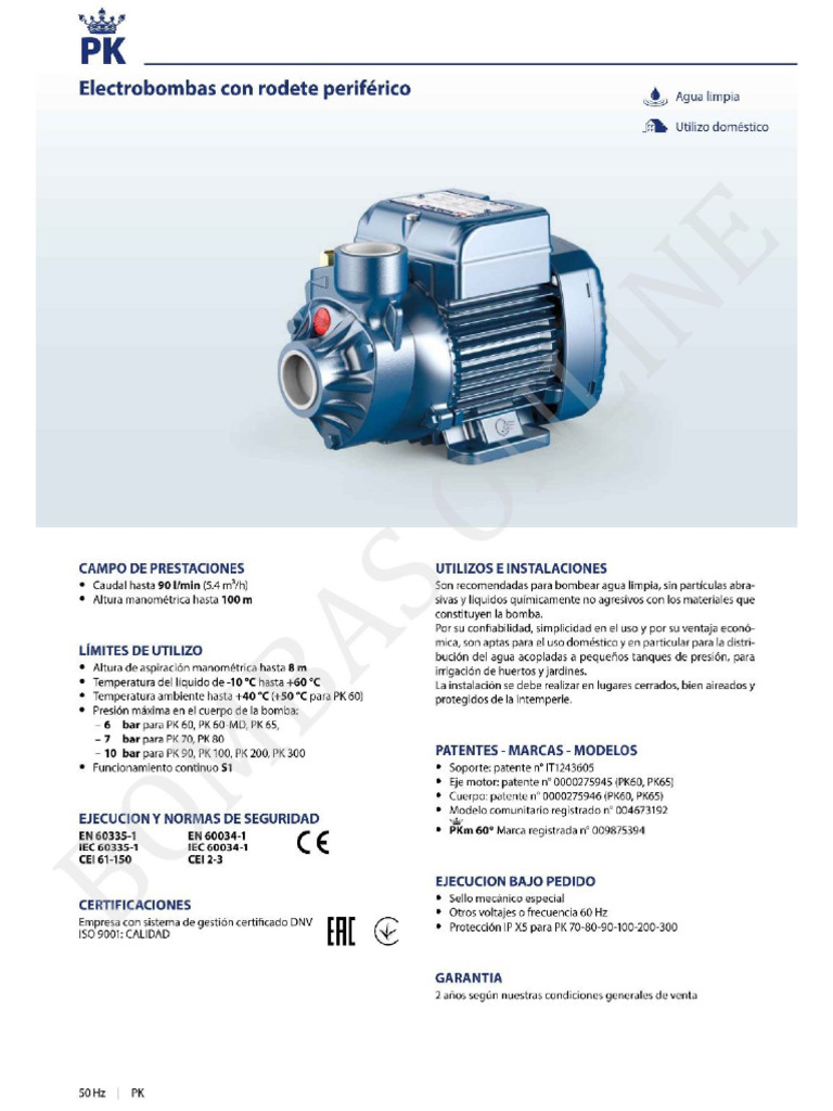 Lamina Especificacion Tecnica Motobomba Pedrollo Mod. PK-200 | PDF