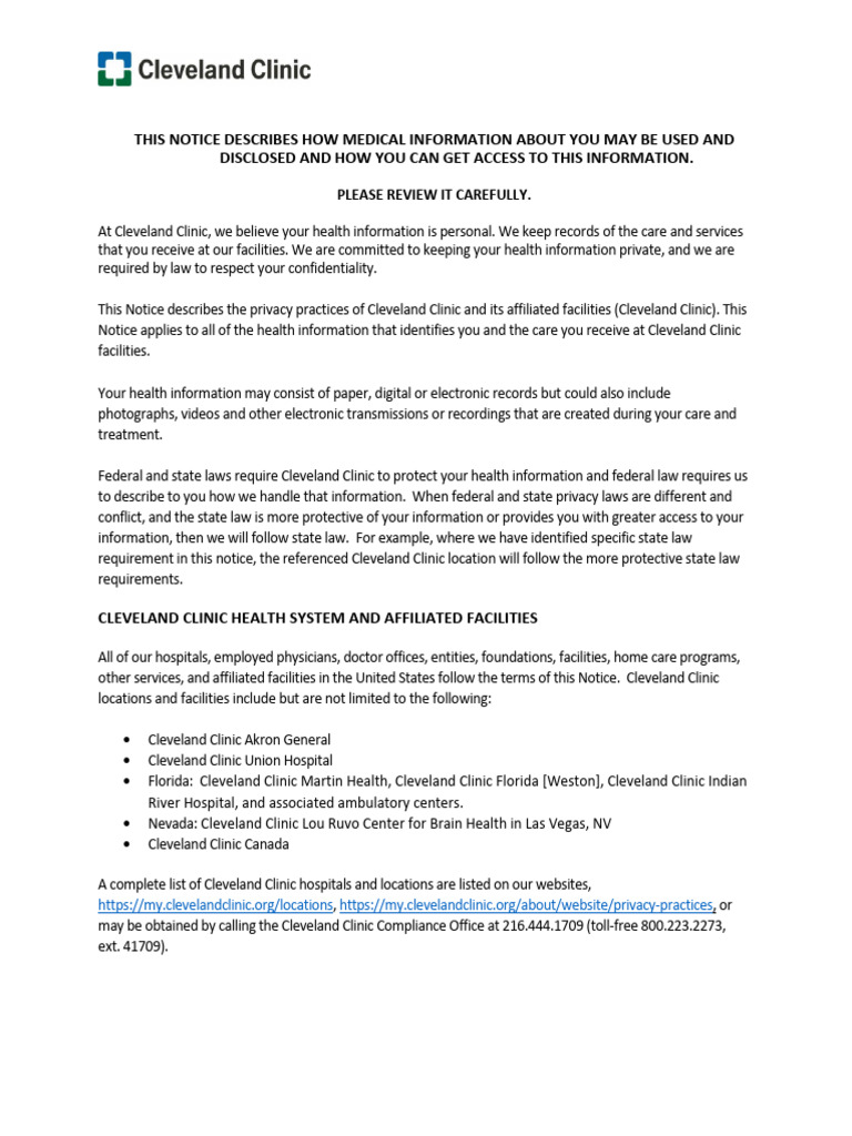 Cleveland Clinic Notice of Privacy Practices English | PDF | Health ...