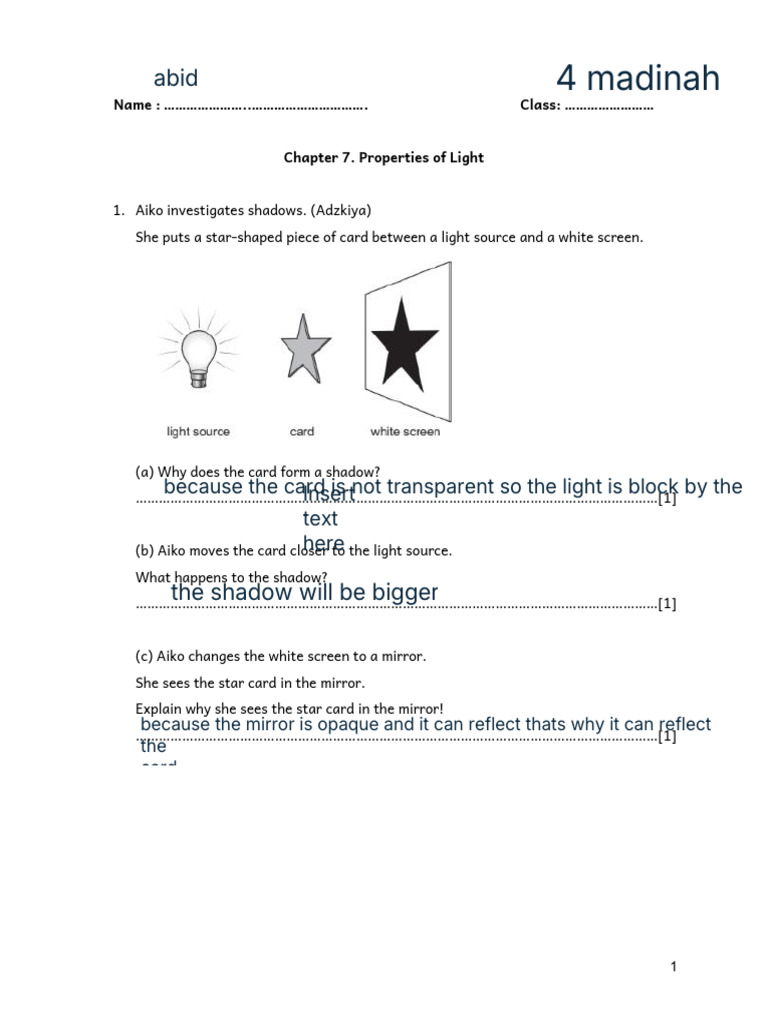 Worksheet Science Chapter 7. Properties of Light (3) | PDF | Light ...