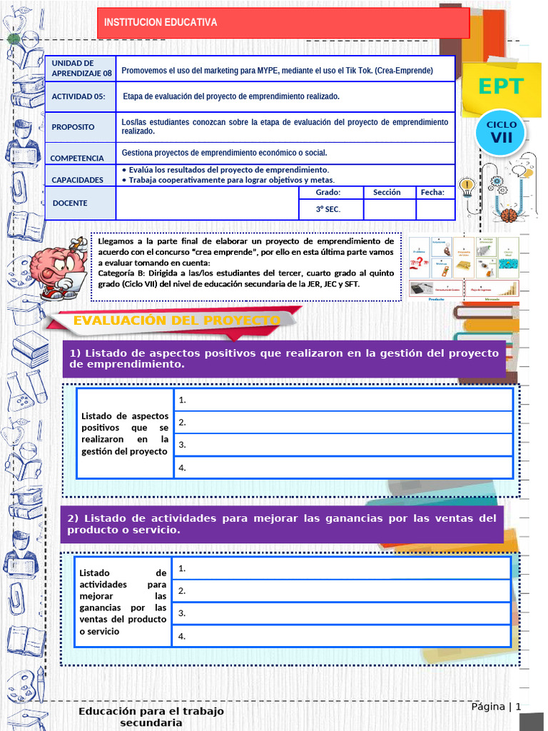 3°y4° EPT.FICHA ACTV 05.UNIDAD 08 | PDF | Iniciativa empresarial | Evaluación