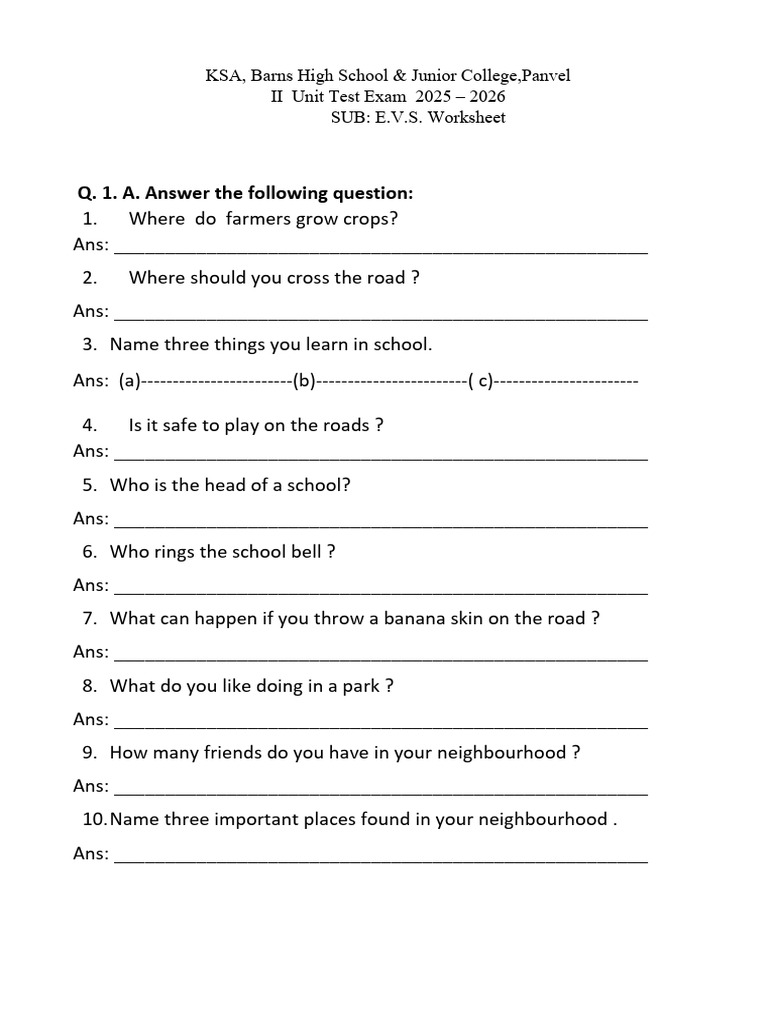 KSA E.V.S. Worksheet for Unit Test 2025-26 | PDF | Chess Openings | Chess