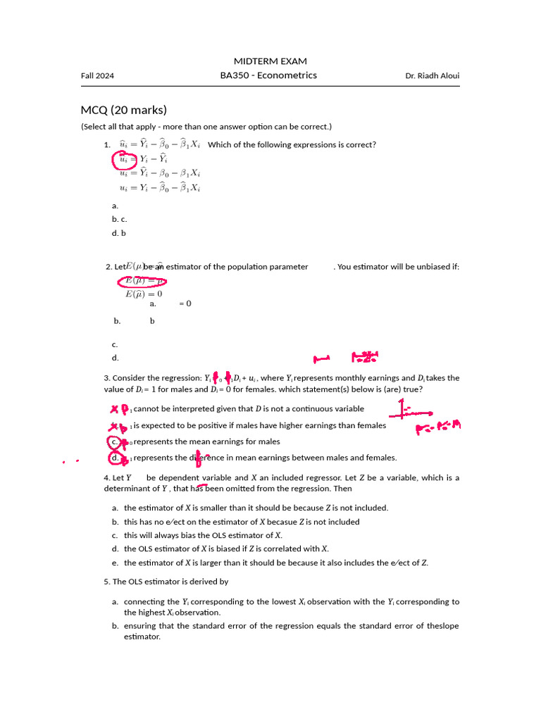 Midterm Exam F2024 | PDF | Errors And Residuals | Linear Regression