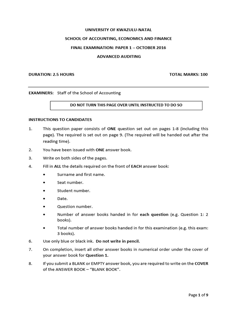Year End Exam 2016 P1 Question Paper | PDF | Audit | Business