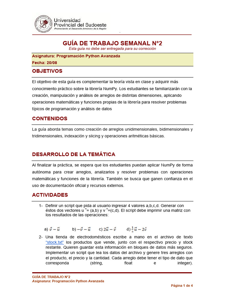 Guia Semanal N 2 - Numpy | PDF | Matriz (Matemáticas) | Python (lenguaje de programación)