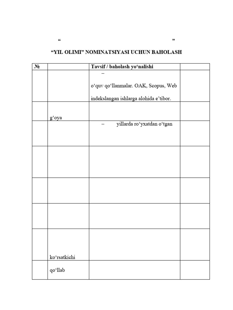 Baholash Mezonlari Yil Olimi | PDF