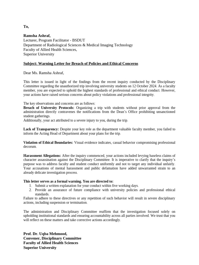 Updated Warning Letter - Ramsha Ashraf | PDF