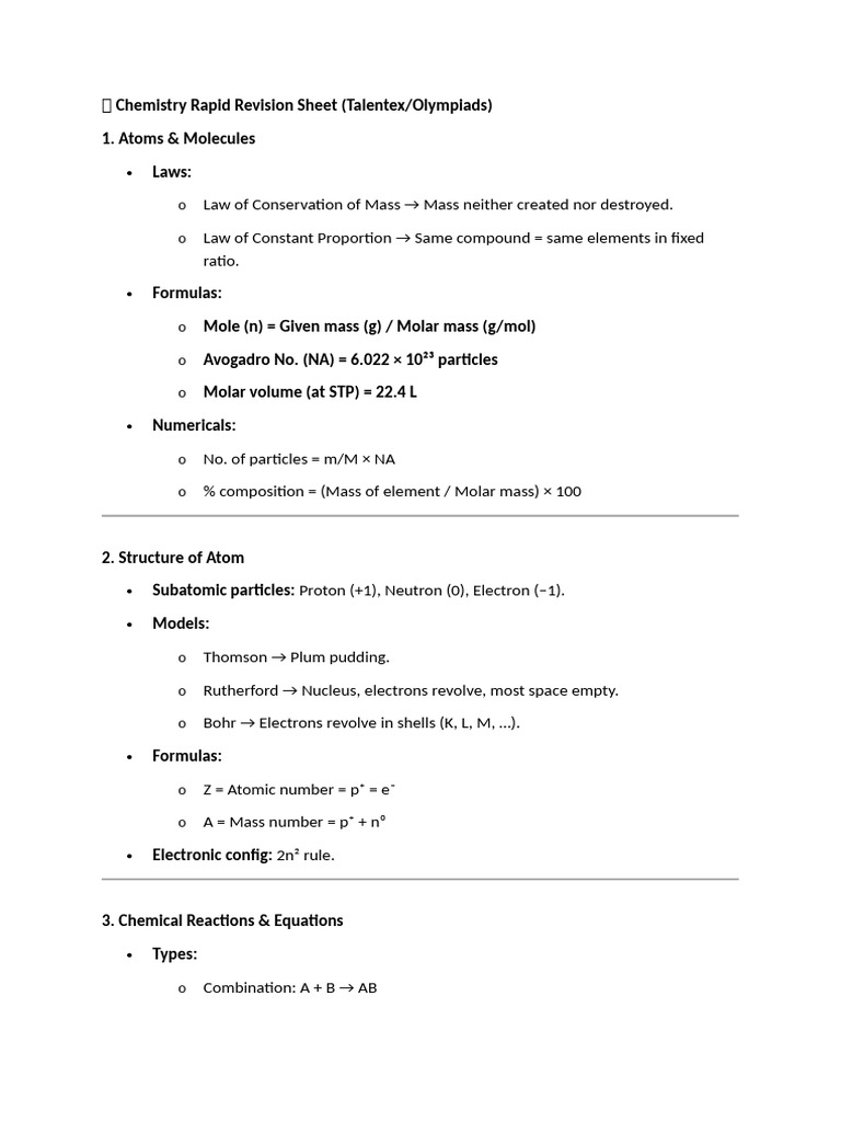 Chemistry Revision Sheet for Olympiads | PDF | Mole (Unit) | Chemistry
