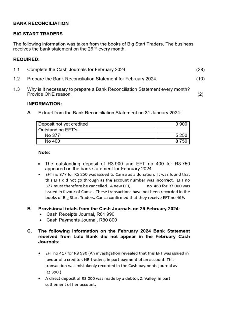 Bank Reconciliation for Big Start Traders | PDF | Debits And Credits ...