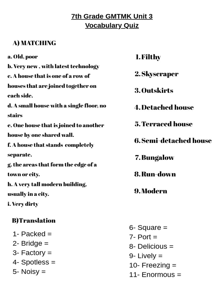7th Grade Vocabulary Quiz Unit 3 | PDF